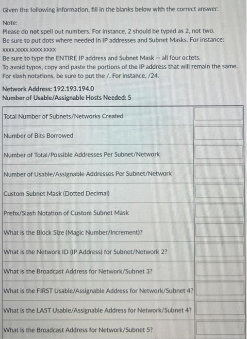 Solved Given the following information, fill in the blanks | Chegg.com