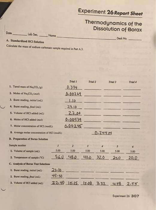 Experiment 26 Report Sheet Thermodynamics of the | Chegg.com