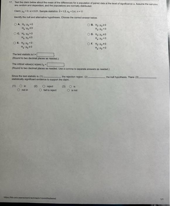Solved 17. Tost the claim below about the mean of the | Chegg.com