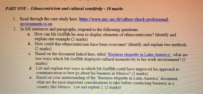 PART ONE-Ethnocentricism and cultural sensitivity - | Chegg.com