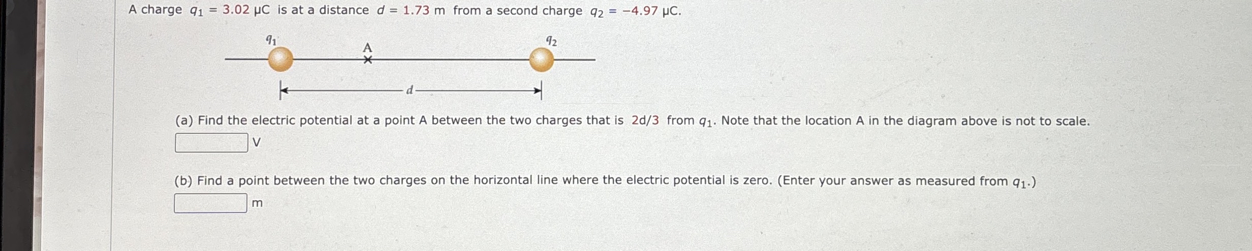 Solved A charge q1=3.02μC ﻿is at a distance d=1.73m ﻿from a | Chegg.com