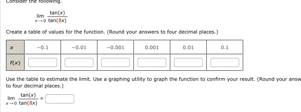 Solved Consider the rollowing.limx→0tan(x)tan(8x)Create a | Chegg.com