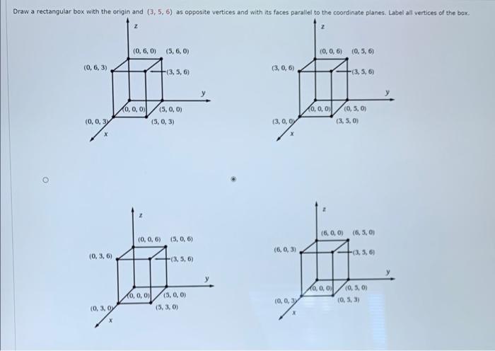 Solved Draw A Rectangular Box With The Origin And 3 5 6 As Chegg