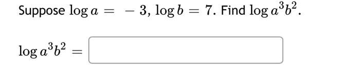 Solved Suppose loga=−3,logb=7. Find loga3b2 loga3b2= | Chegg.com
