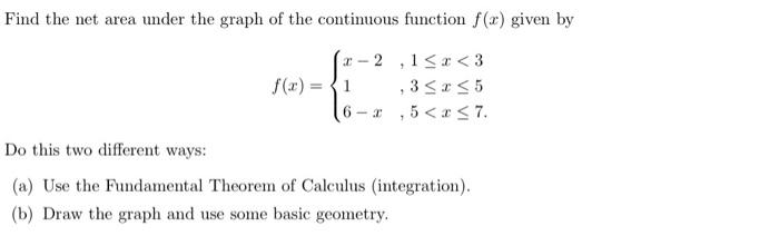 Find the net area under the graph of the continuous | Chegg.com