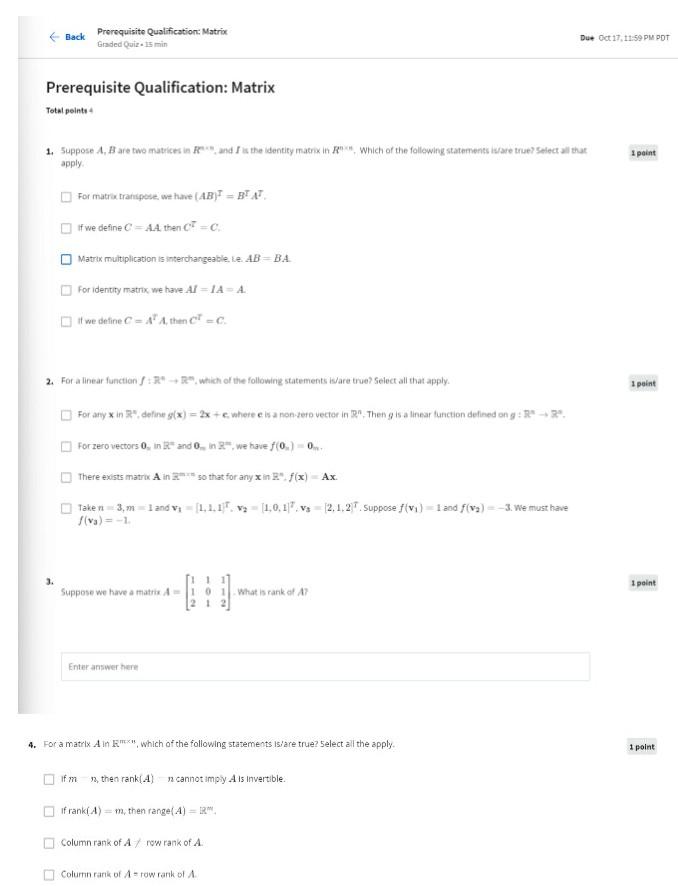 Solved Back Prerequisite Qualification: Matrix Graded Quiz | Chegg.com