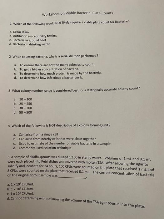 Solved Worksheet on Viable Bacterial Plate Counts 1 Which of | Chegg.com
