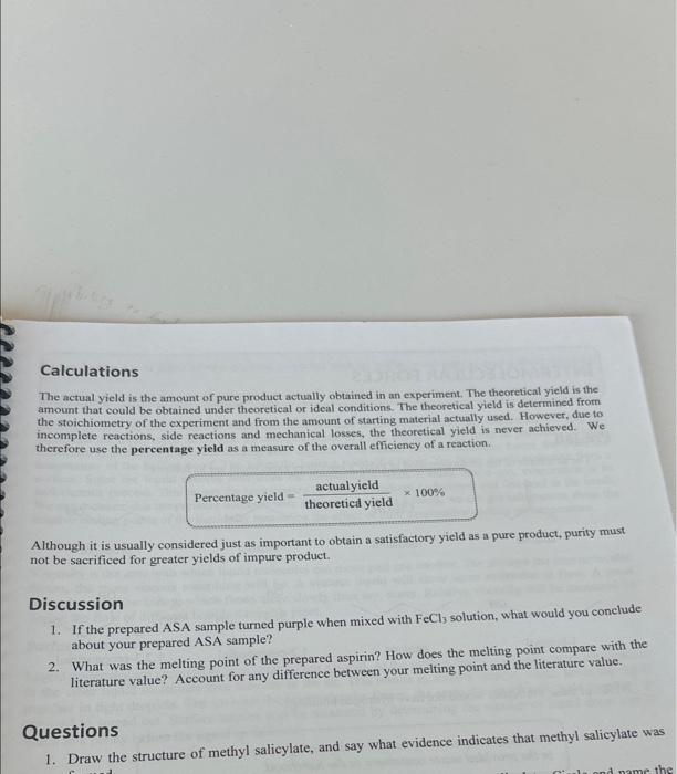 Solved Calculations The actual yield is the amount of pure | Chegg.com