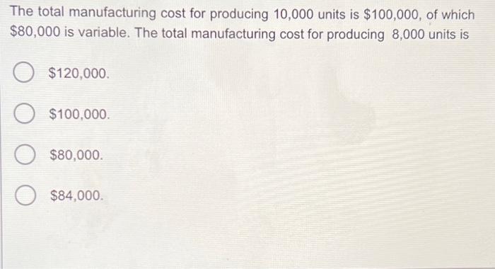 Solved The total manufacturing cost for producing 10,000 | Chegg.com