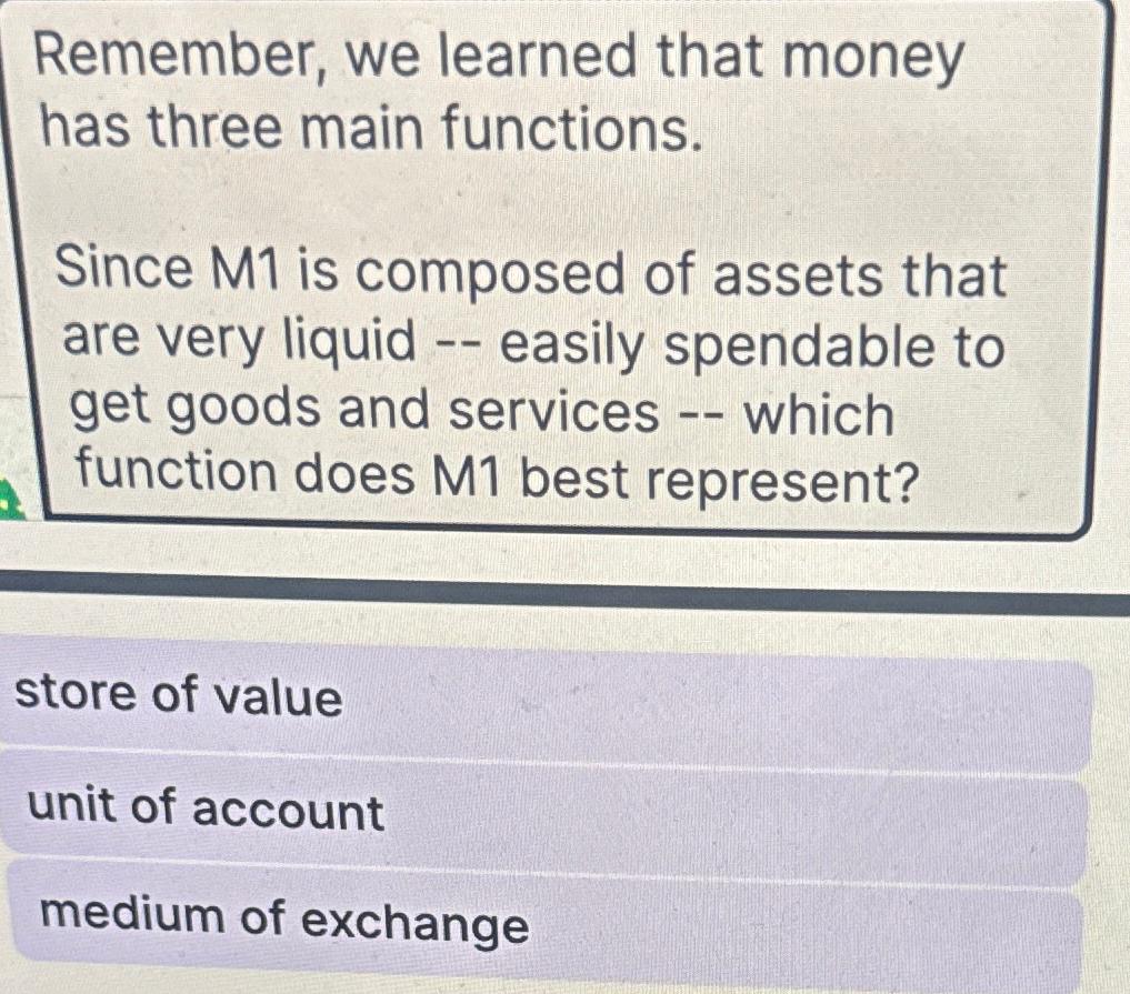 Solved Remember, we learned that money has three main | Chegg.com