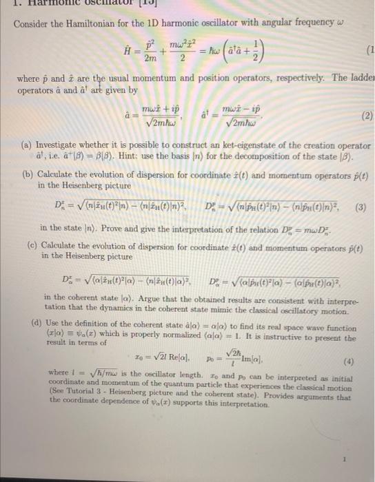 Solved 1. Consider the Hamiltonian for the 1D harmonic | Chegg.com