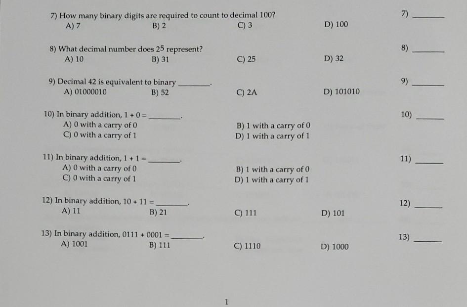 Solved 7) 7) How many binary digits are required to count to | Chegg.com