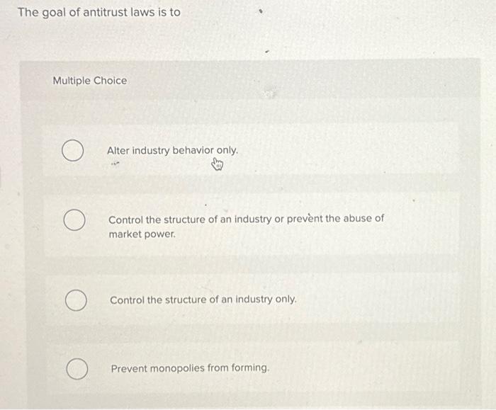 Solved The goal of antitrust laws is to Multiple Choice | Chegg.com