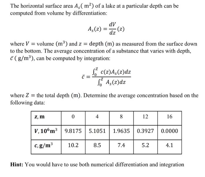 Solved The horizontal surface area As( m²) of a lake at a | Chegg.com