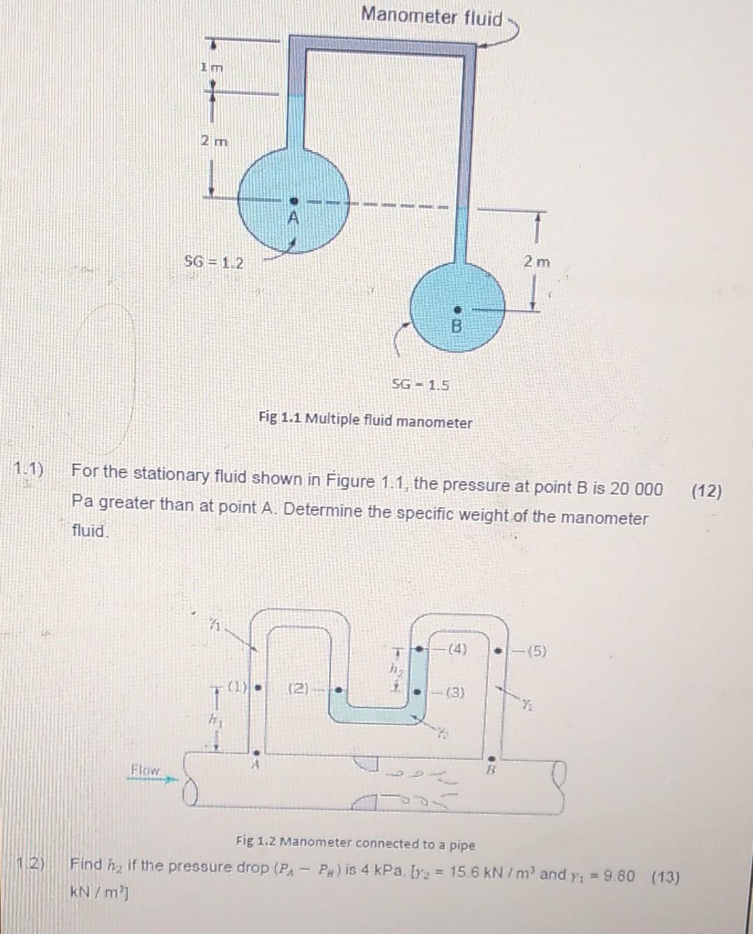 Solved Manometer fluid 1 m 2 m SG = 1.2 2 m SG = 1.5 Fig 1.1 | Chegg.com