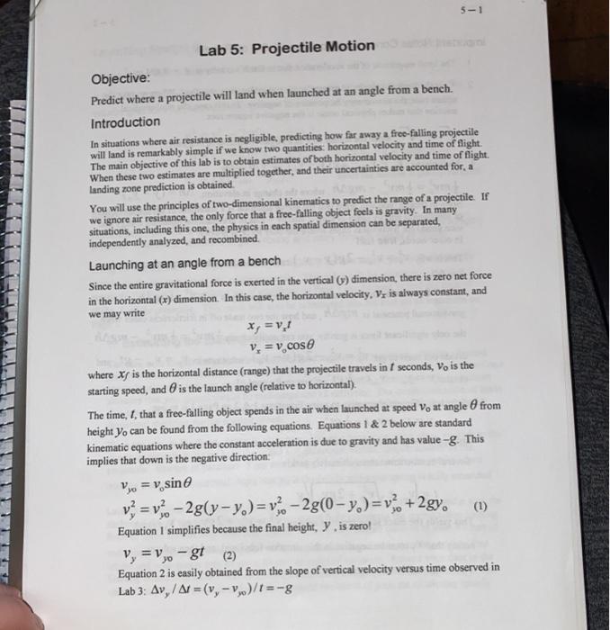 5-1 Lab 5: Projectile Motion Objective: Predict where | Chegg.com