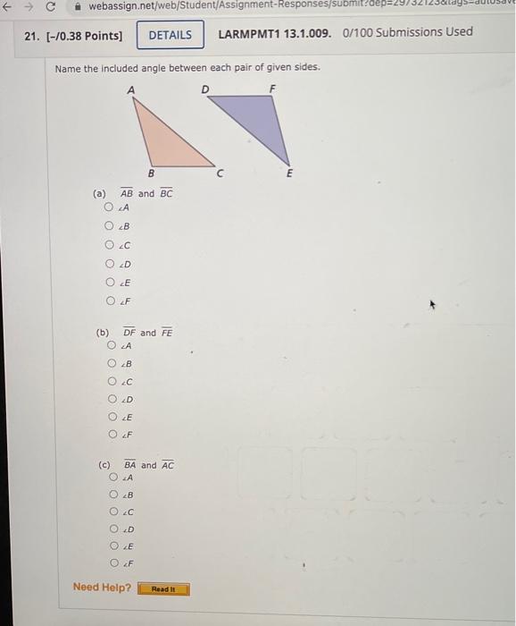 Solved Name the included angle between each pair of given | Chegg.com