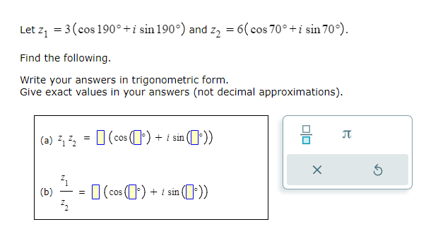Solved Let z1=3(cos190°+isin190°) ﻿and | Chegg.com