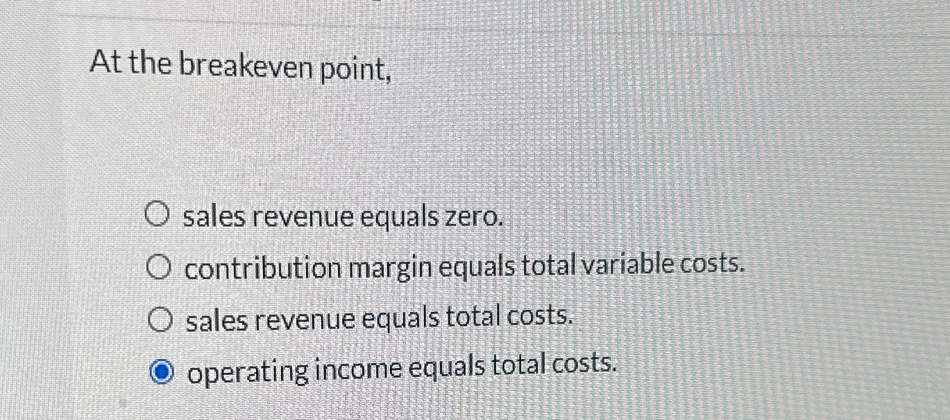 Solved At the breakeven point,sales revenue equals | Chegg.com