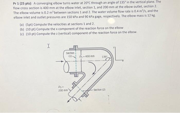 Solved Pr1 ( 25pts ): A converging elbow turns water at 20∘C | Chegg.com