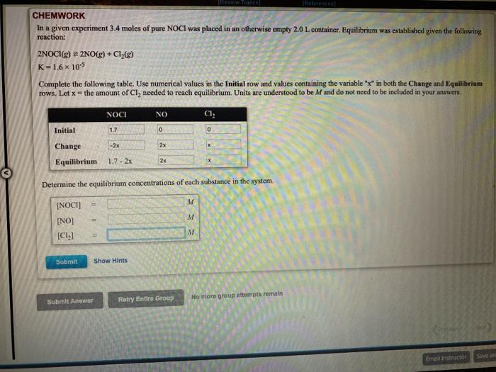 Solved CHEMWORK In a given experiment 3.4 moles of pure NOCI | Chegg.com