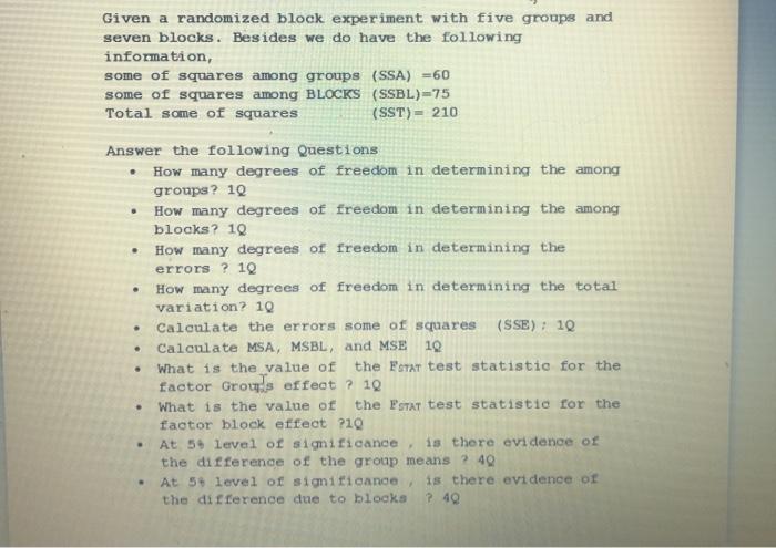 Solved Given a randomized block experiment with five groups | Chegg.com