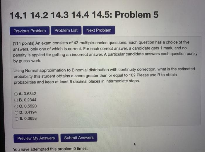 Solved 14.1 14.2 14.3 14.4 14.5: Problem 5 Previous Problem | Chegg.com