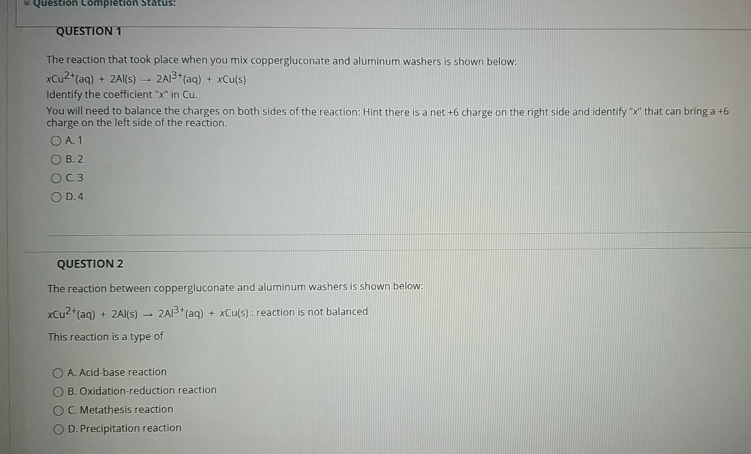 Solved * Question completion Status: QUESTION 1 The reaction | Chegg.com