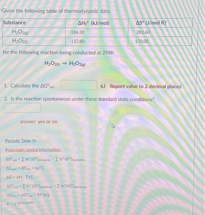 Solved Given the following table of thermodynamic data, for | Chegg.com