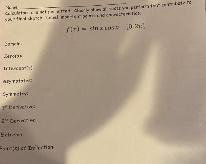 Solved Name Calculators are not permitted. Clearly show all | Chegg.com
