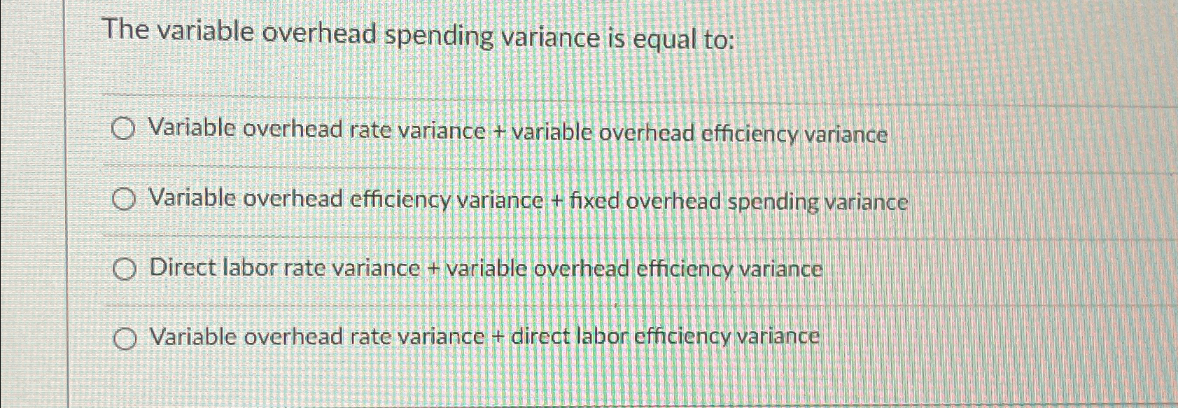 Solved The variable overhead spending variance is equal | Chegg.com