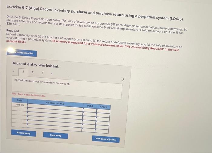 Solved Exercise 6-7 (Algo) Record inventory purchase and | Chegg.com