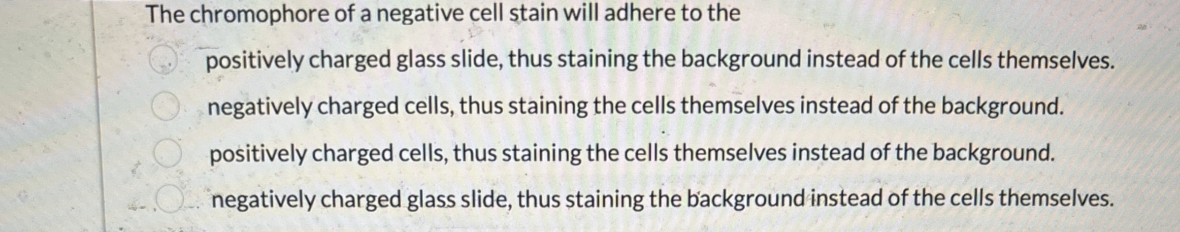 Solved The chromophore of a negative cell stain will adhere | Chegg.com
