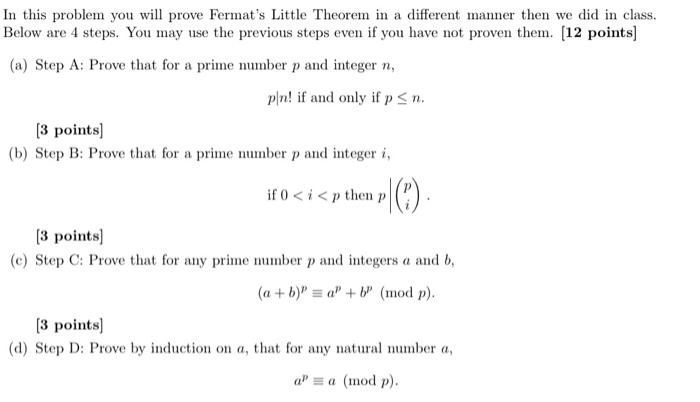 Solved In this problem you will prove Fermat's Little | Chegg.com