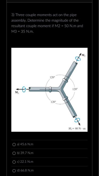 Solved 3) Three couple moments act on the pipe assembly. | Chegg.com