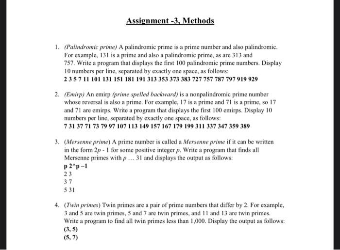 Solved Assignment -3, Methods 1. (Palindromic prime) A | Chegg.com