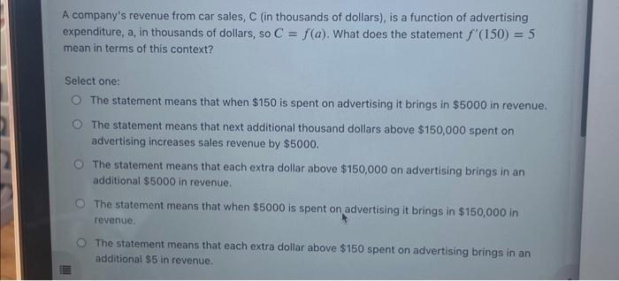Solved A company's revenue from car sales, C (in thousands | Chegg.com