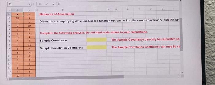Solved Given the accompanying data, use Excel's function | Chegg.com