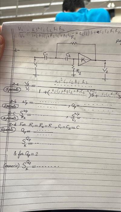 ∥V1V2=1+(R1C1+R2C2+R1C2−kR2l2)S+C1C2R1R2ks2C1C2R1R2 | Chegg.com