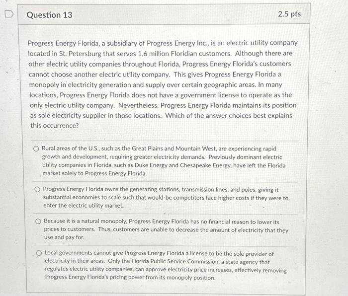 Solved Question 13 2.5 pts Progress Energy Florida, a | Chegg.com