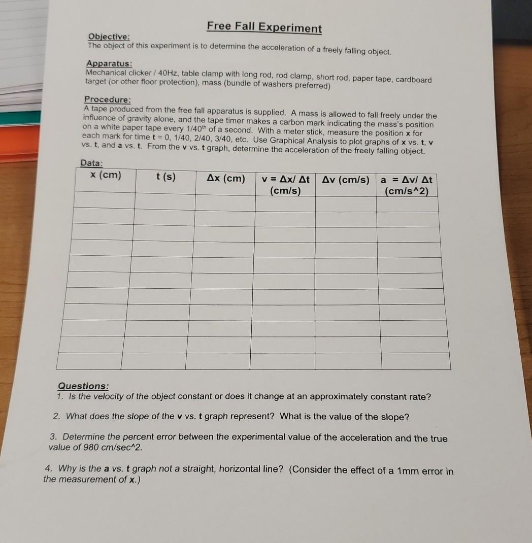 Solved Free Fall Experiment Objective: The object of this | Chegg.com