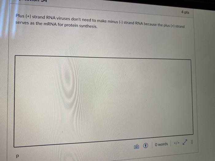 Solved 4 pts Plus (+) strand RNA viruses don't need to make | Chegg.com