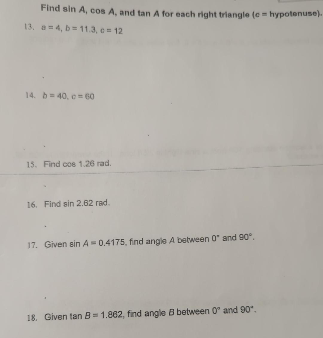 Solved Find sinA,cosA, ﻿and tanA ﻿for each right triangle | Chegg.com