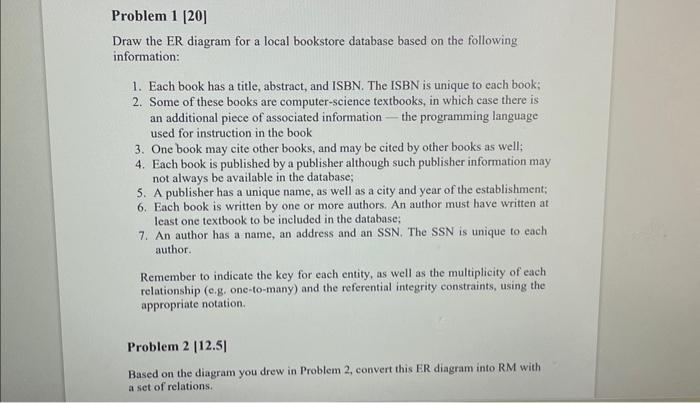 Draw the ER diagram for a local bookstore database | Chegg.com