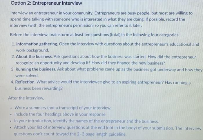 Solved Interview an entrepreneur in your community. | Chegg.com