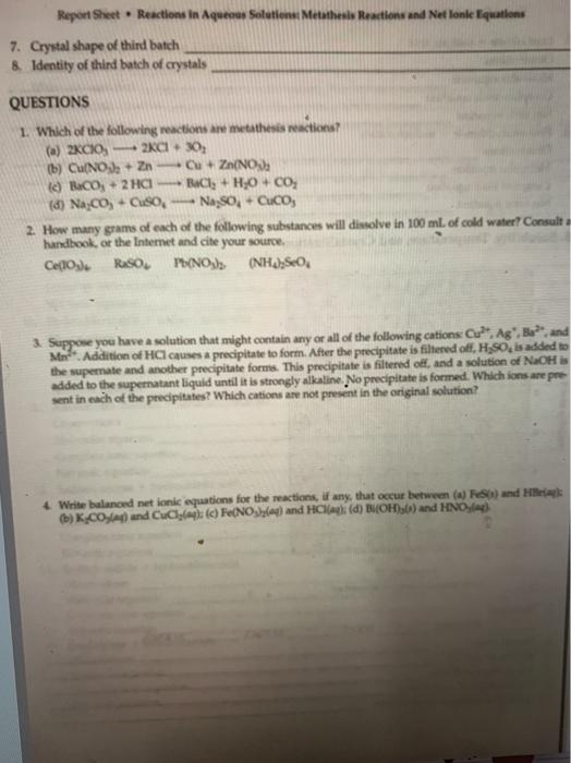 Solved Report Sheet . Reactions in Aqueous Solutions | Chegg.com