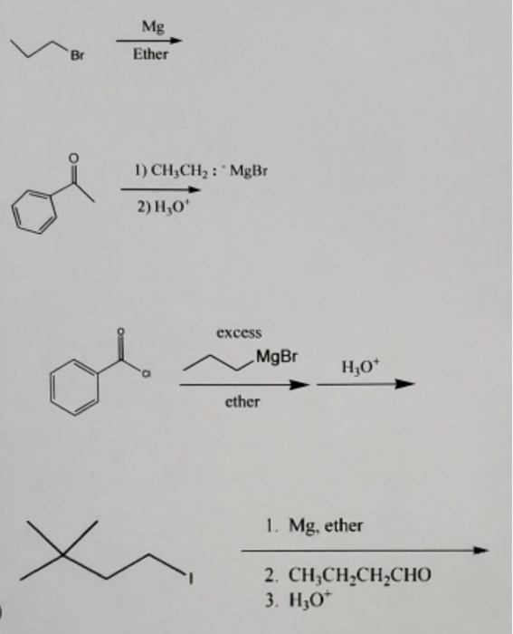 Solved Mg Ether Br 1) CH,CH2 : MgBr 2) H,00 excess MgBr H20+ | Chegg.com