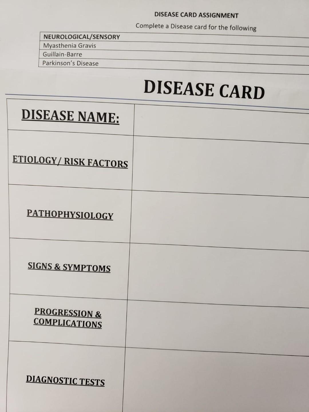 Solved DISEASE CARD ASSIGNMENT Complete a Disease card for | Chegg.com