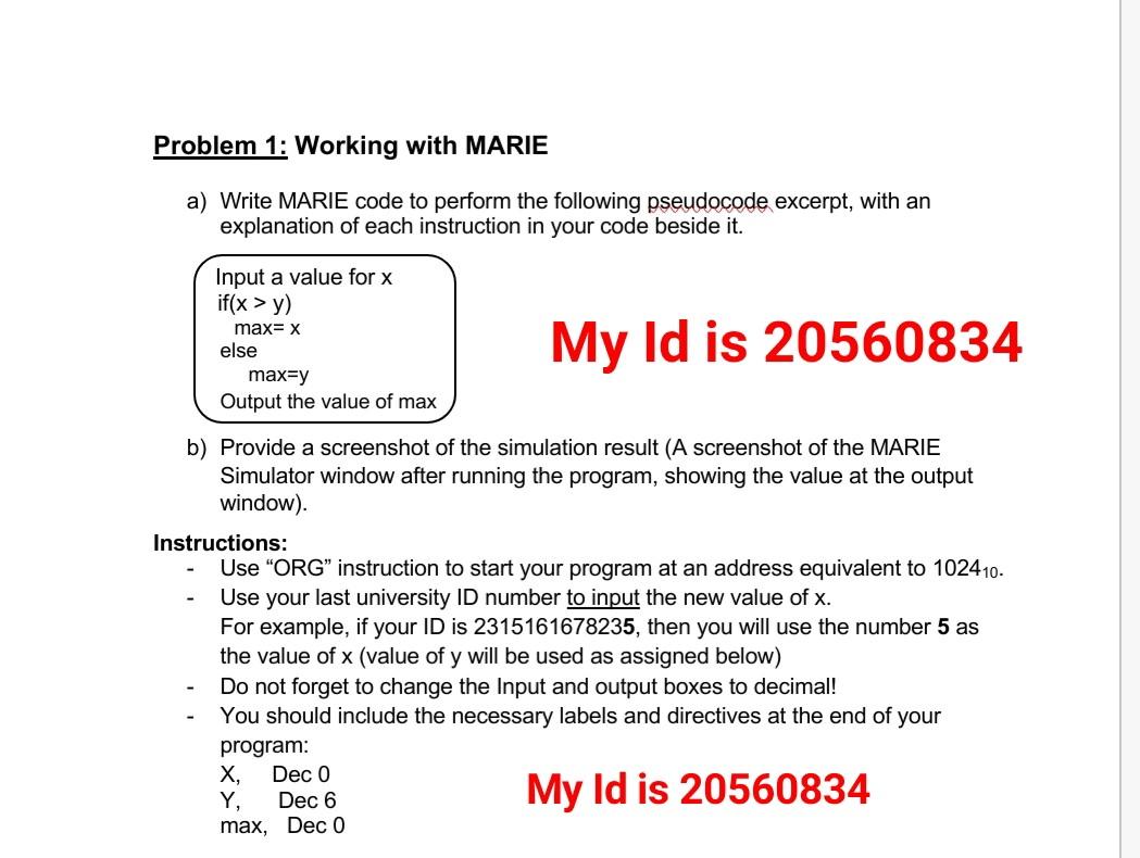 Solved a) Write MARIE code to perform the following | Chegg.com