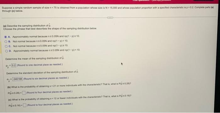 Solved Suppose a simple random sample of size n=75 is | Chegg.com